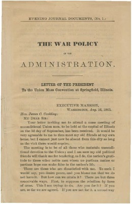 "The War Policy of the Administration: Letter of the President to the U ...