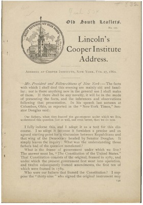 "Lincoln's Cooper Institute address. : Address at Cooper Institute, New ...