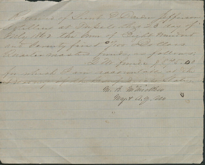 "Receipt for Confederate Fund Contributions, July 23, 1862"