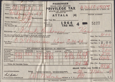 "Passenger Road and Bridge Privilege Tax Receipt, Attala County, Missi"