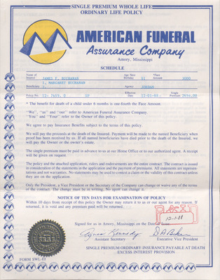 "Life Insurance Policy, American Funeral Assurance Company for James F."