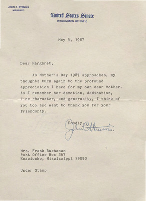 "Letter, John C. Stennis to Margaret Ray Buchanan, May 5, 1987" by John ...
