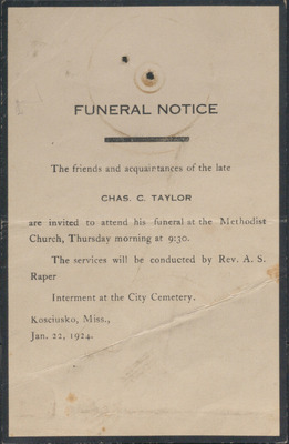 "Funeral Notice, Charles C. Taylor, January 22, 1924"