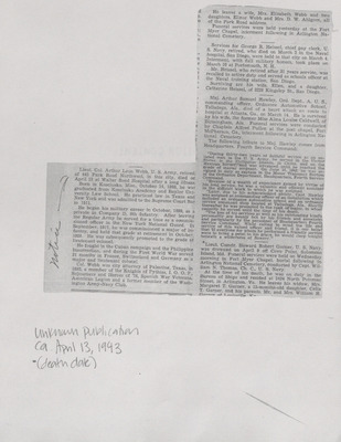 "Newspaper Clipping, Lieutenant Colonel Arthur Leon Webb, April 13, 194"