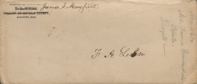 "Envelope, James A. Mayfield, Kosciusko, Mississippi to F. A. Ledum, un"