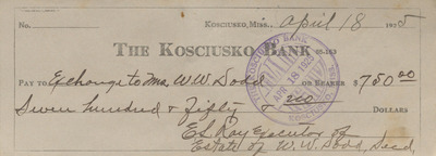 "Check, E. L. Ray to Exchange to Mrs. W. W. Dodd, April 18, 1925"