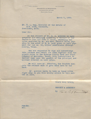 "Letter, Frank E. Bennett to E. L. Ray, March 7, 1930" by Frank E. Bennett