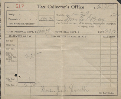 "Property Tax Receipt, Kosciusko, Mississippi Tax Collector's Office to"