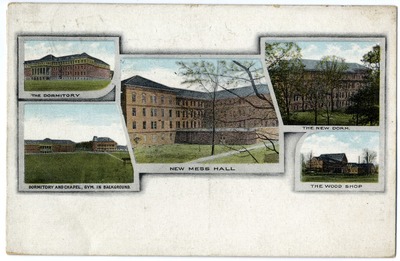 "Old Main, Chapel Building, Mess Hall, Wood Shop"
