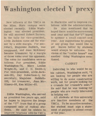 "Newspaper Article, Washington Elected Y Prexy, May 5, 1972" by The ...
