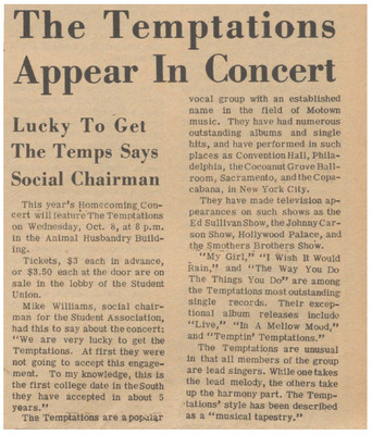 "Newspaper article, The Temptations Appear In Concert, October 7, 1969 ...